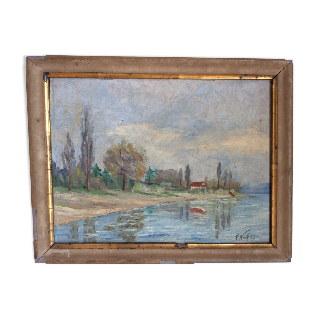 Tableau ancien paysage bord de l’eau | Selency