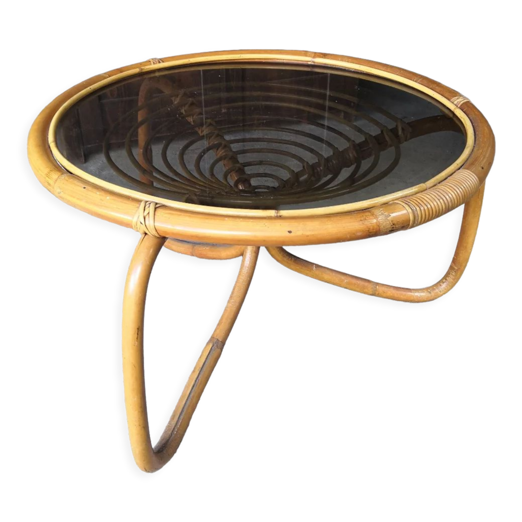 Table basse rotin et verre fumé noir | Selency