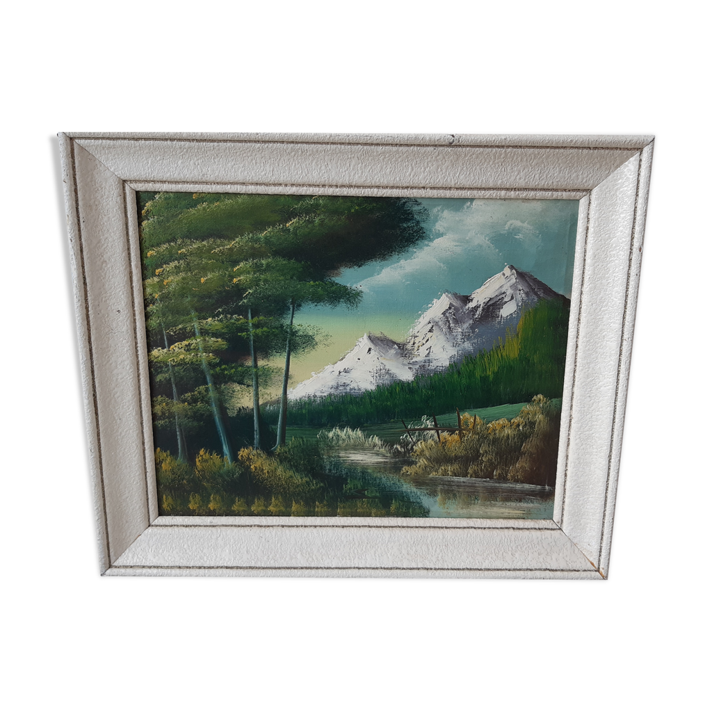 Tableau huile sur toile paysage montagnes vintage | Selency