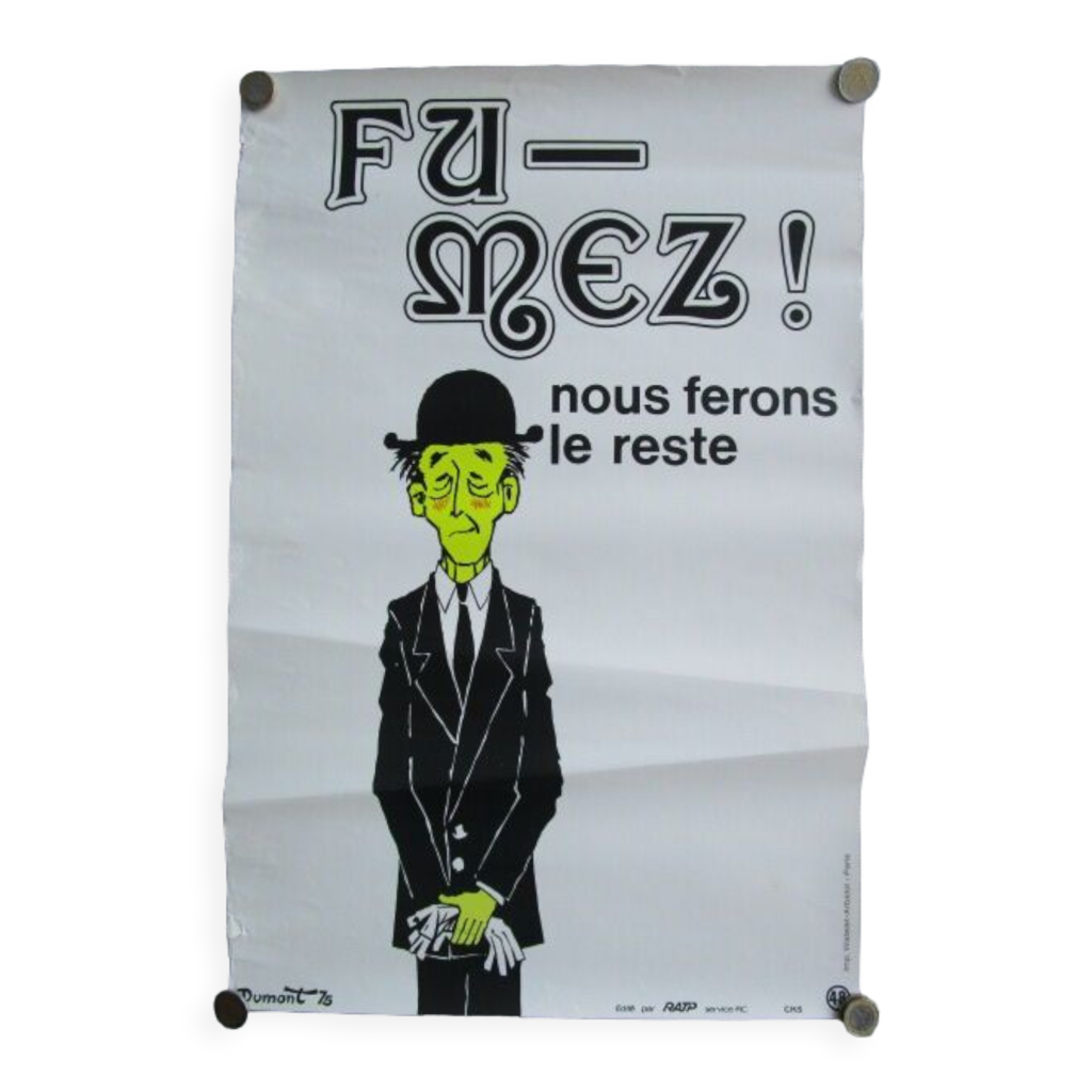 Affiche ratp ancienne dumont-contre le tabagisme, 60x40, 1975 | Selency