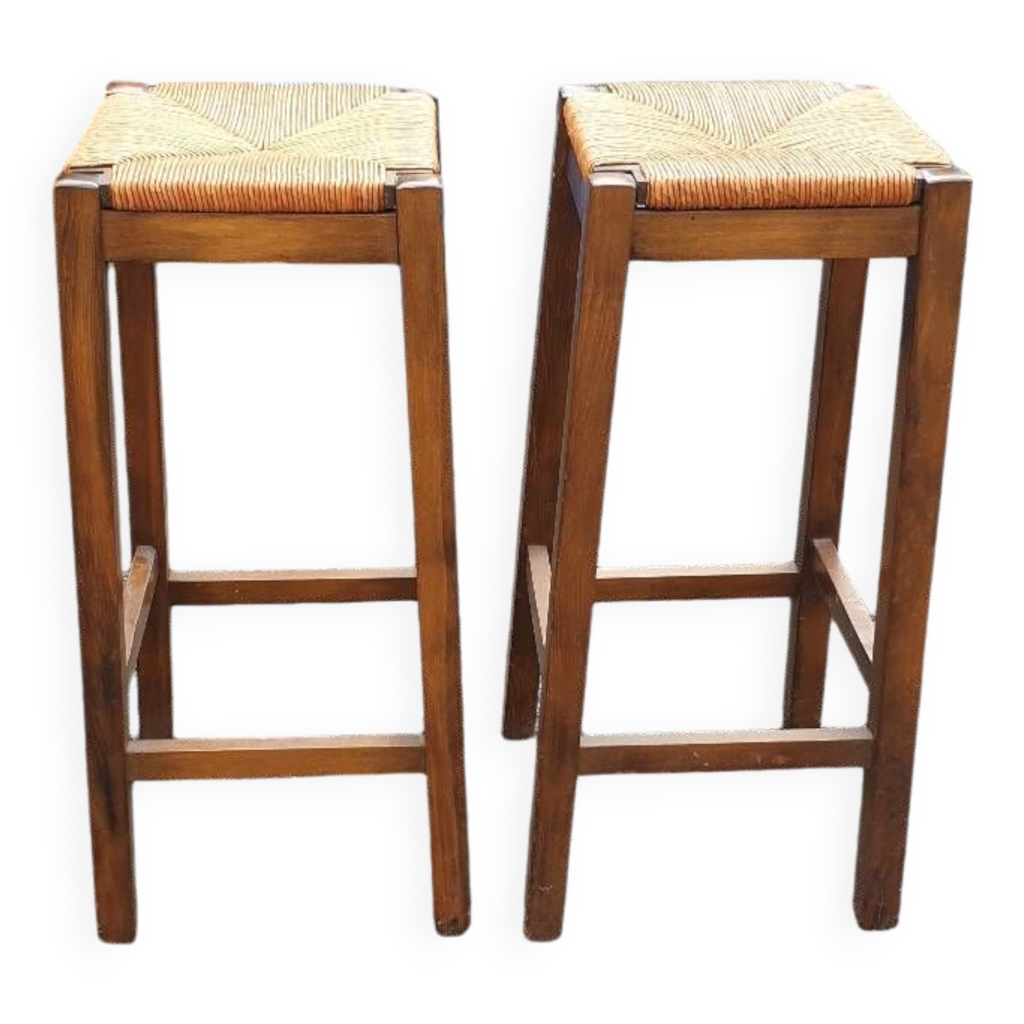 2 tabourets de bar en bois et paille | Selency