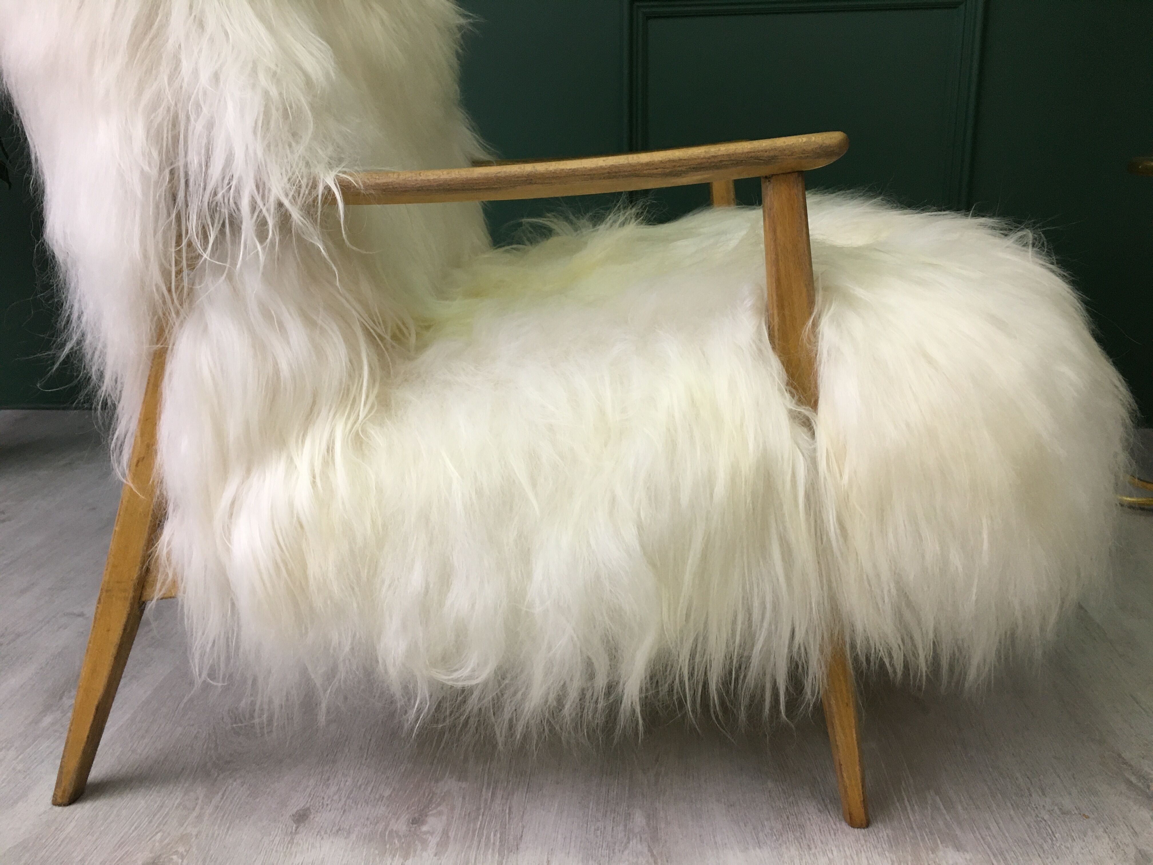 Vintage Art Deco white fluffy furry sheepskin bentwood armchair | Selency