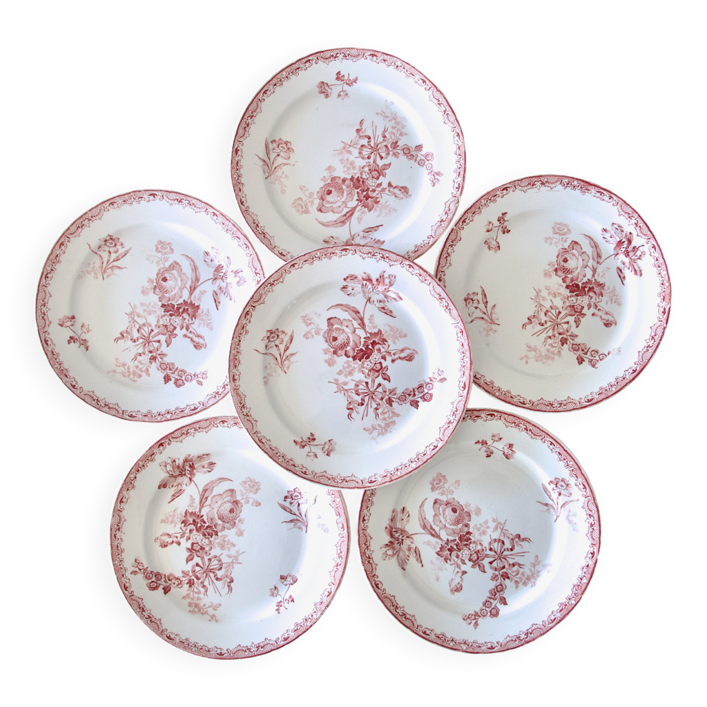 Assiettes plates XIXe Sarreguemines Fontanges terre de fer rose | Selency