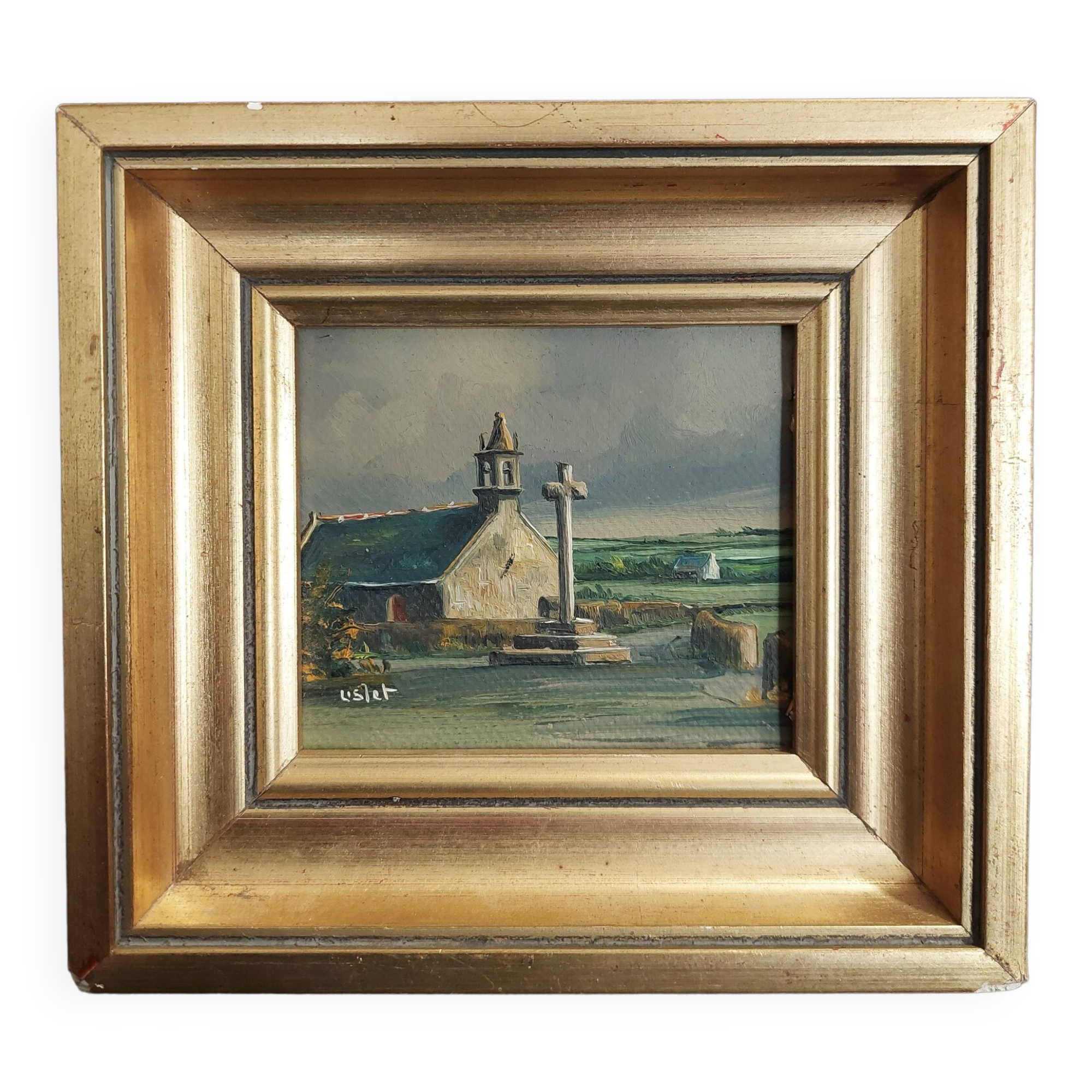 Tableau miniature paysage breton huile sur carton signé Uslet | Selency