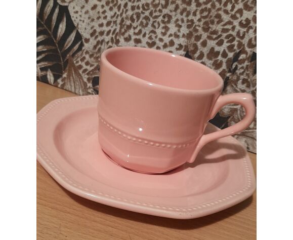 Duo De Tasses Et Sous Tasse Rose Poudré Manufacture Longchamp Année 80