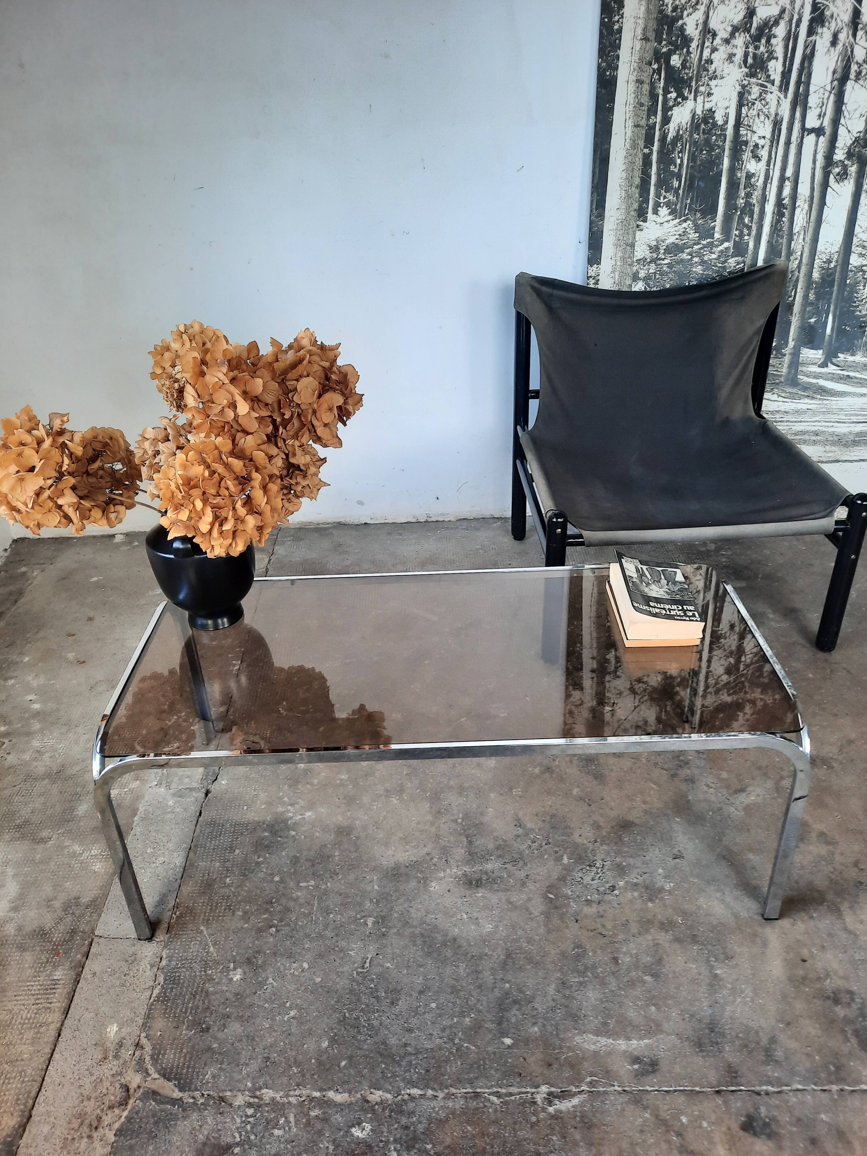 Table basse chrome, verre fumé | Selency