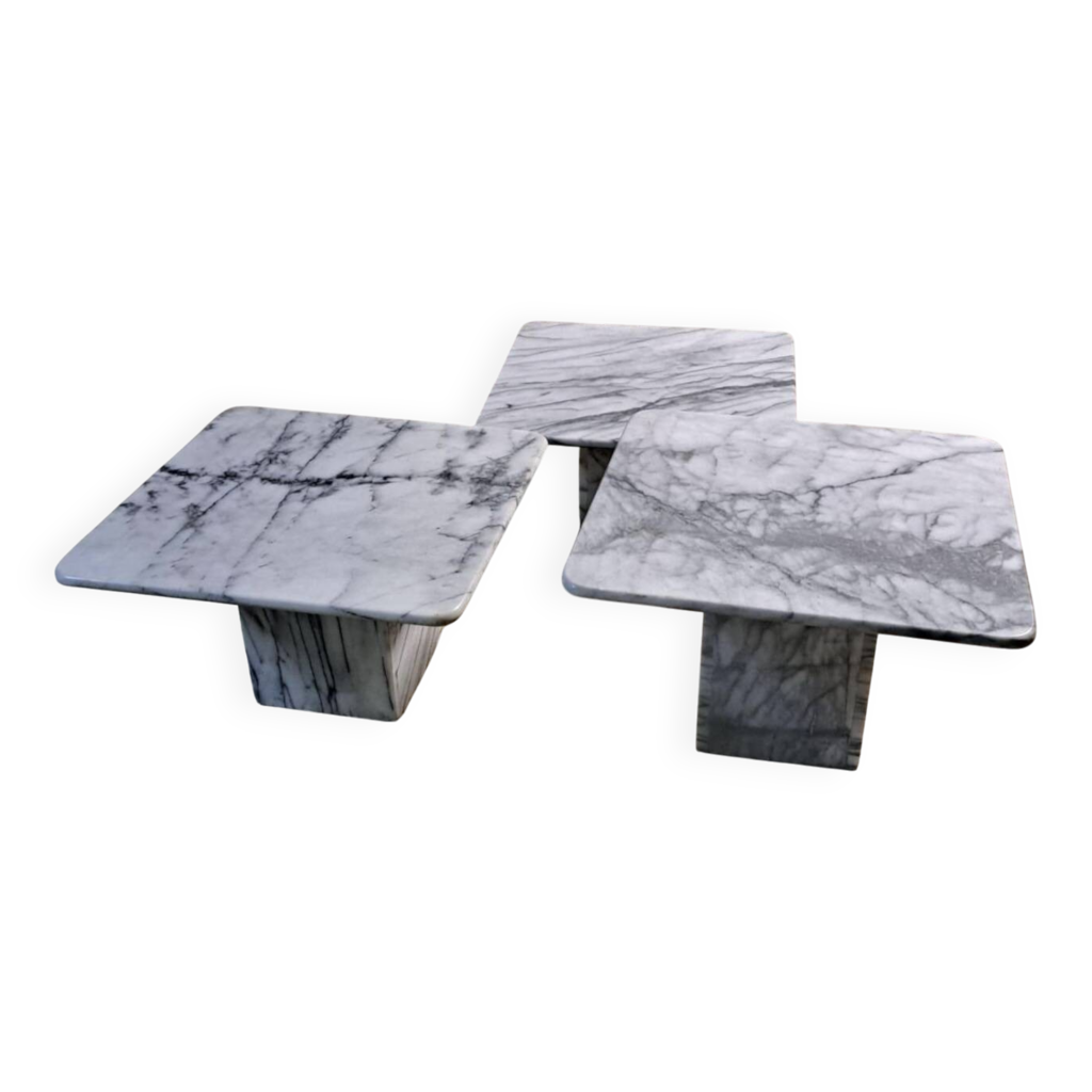 Trio table basse vintage gigognes carré marbre carrare calacatta blanc ...