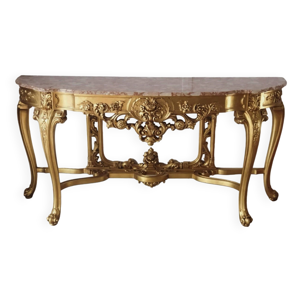 Grande console Style Louis XV en Bois doré & sculpté à la Feuille, Plateau en Marbre | Selency