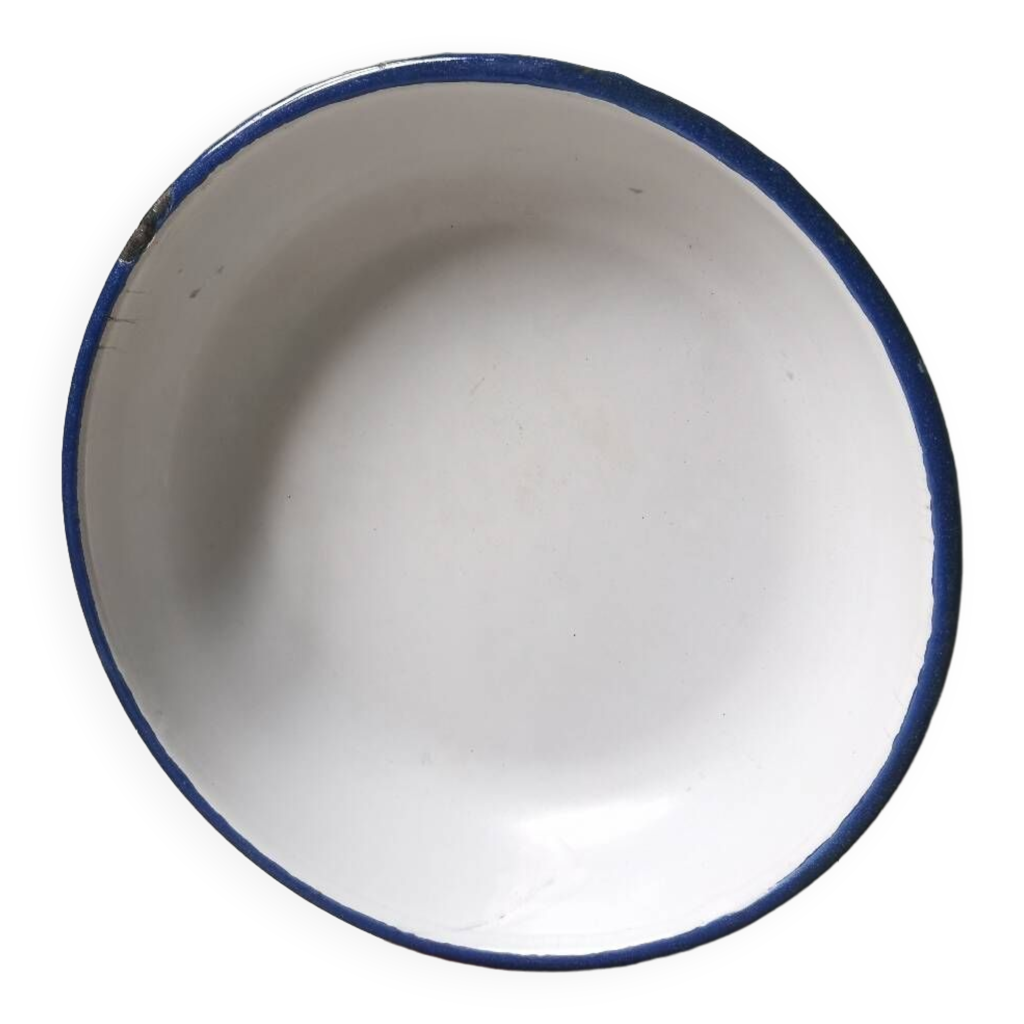Grande assiette plat creux en tole émaillée vintage blanc bleu | Selency