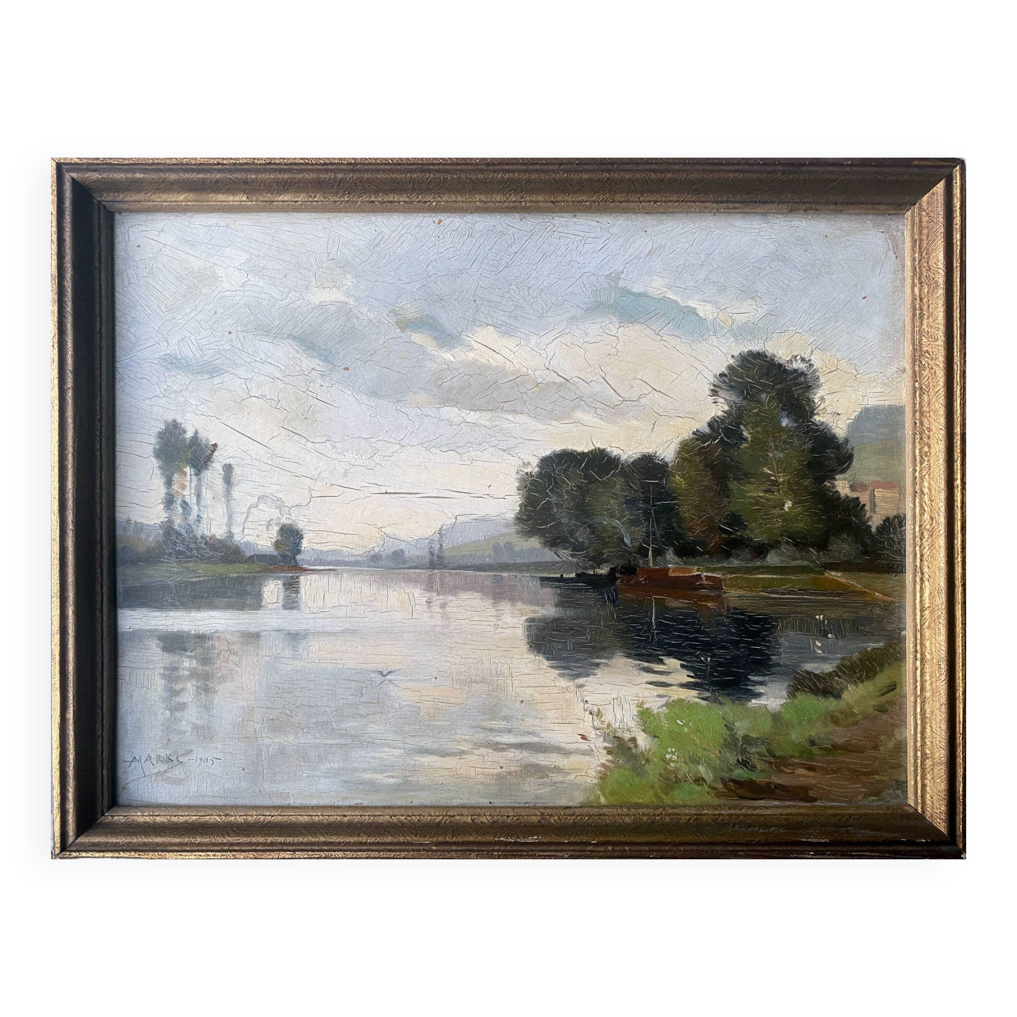 Tableau hsp "paysage de rivière avec péniches"signé markc daté de 1905 ...