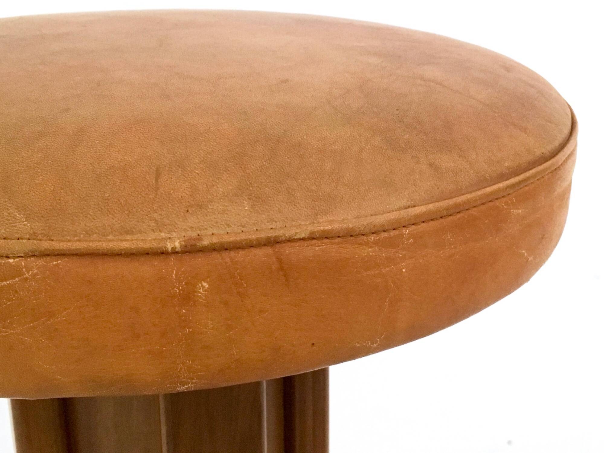 Four Postmodern Camel Color Leather & Walnut Plywood Revolving Stools ...