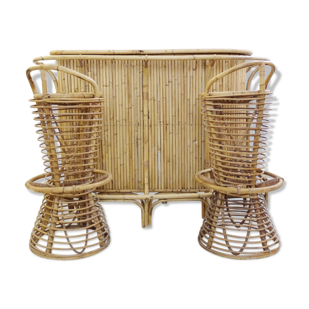 Ensemble de bar à cocktails en bambou et deux tabourets | Selency