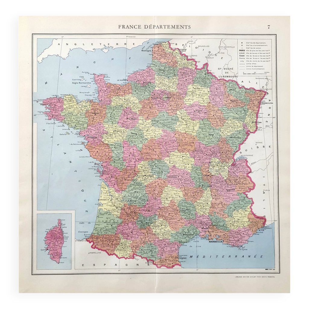 Carte ancienne France et ses départements en 1950 43x43cm | Selency