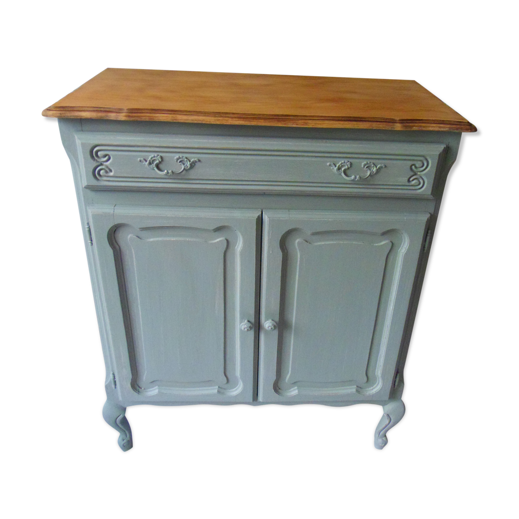 Buffet patiné vert de gris blanc poudré, plateau chêne | Selency