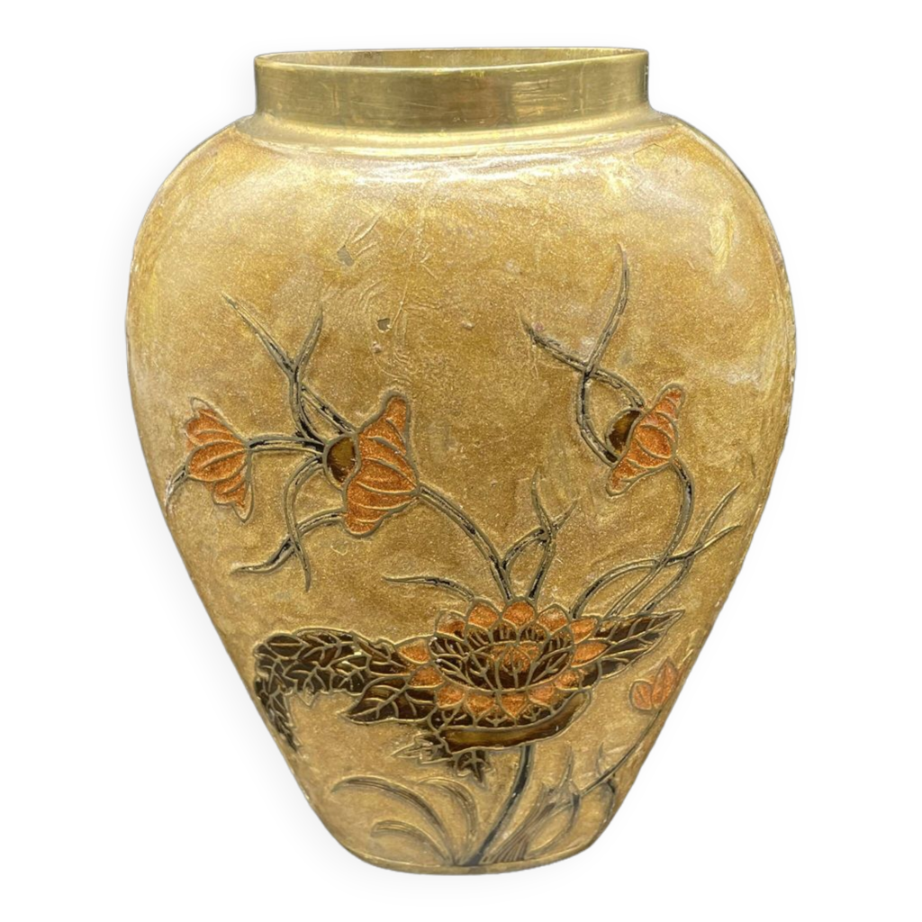 Vase, forme oblong, laiton massif, couleur bronze, émail cloisonné ...