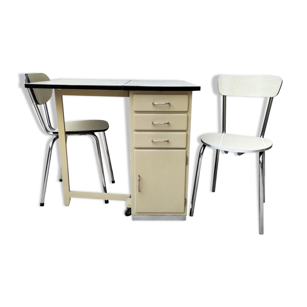 Table à rabat avec tiroirs et rangements formica et chaises années 50 ...