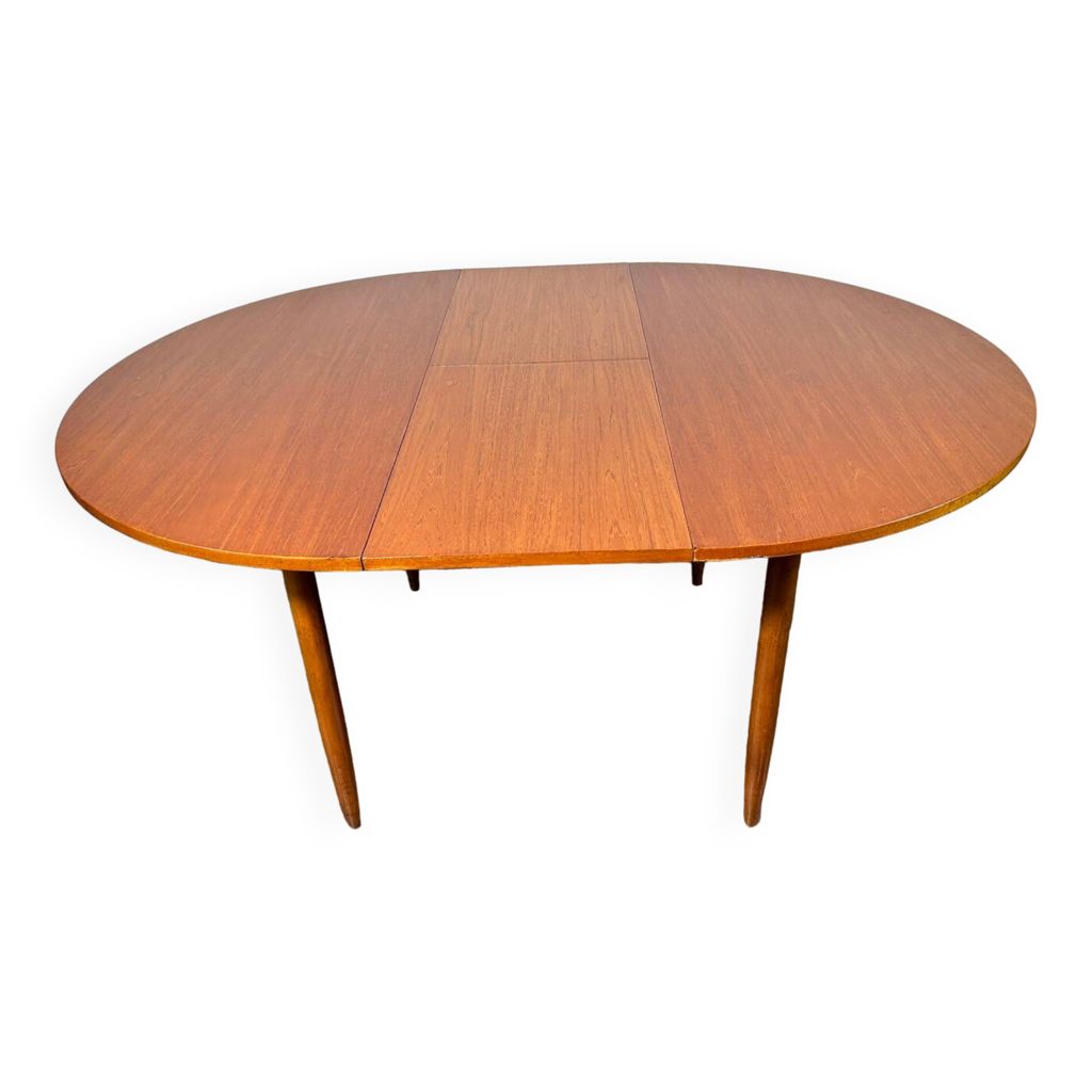Table à manger ronde extensible en teck vintage rétro du milieu du siècle | Selency