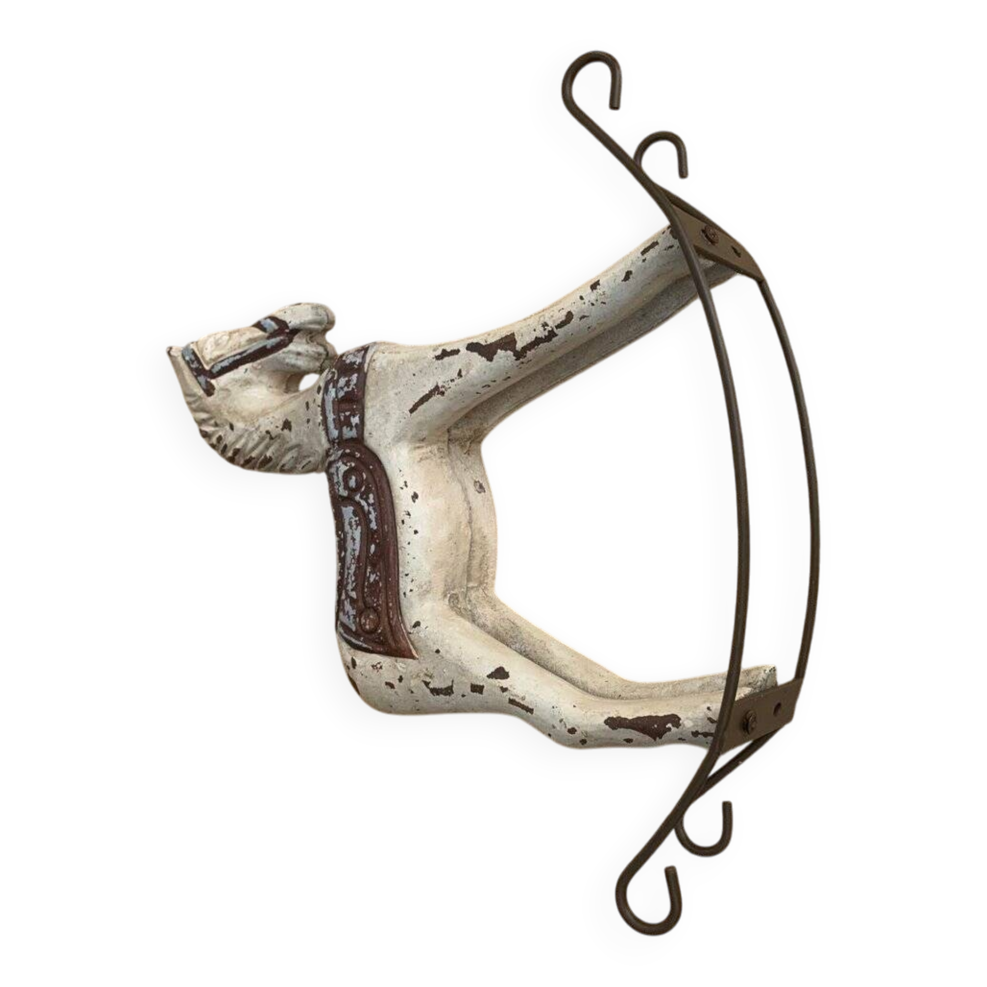 Cheval jouet ancien ivoire et noir en bois, armature visible ...