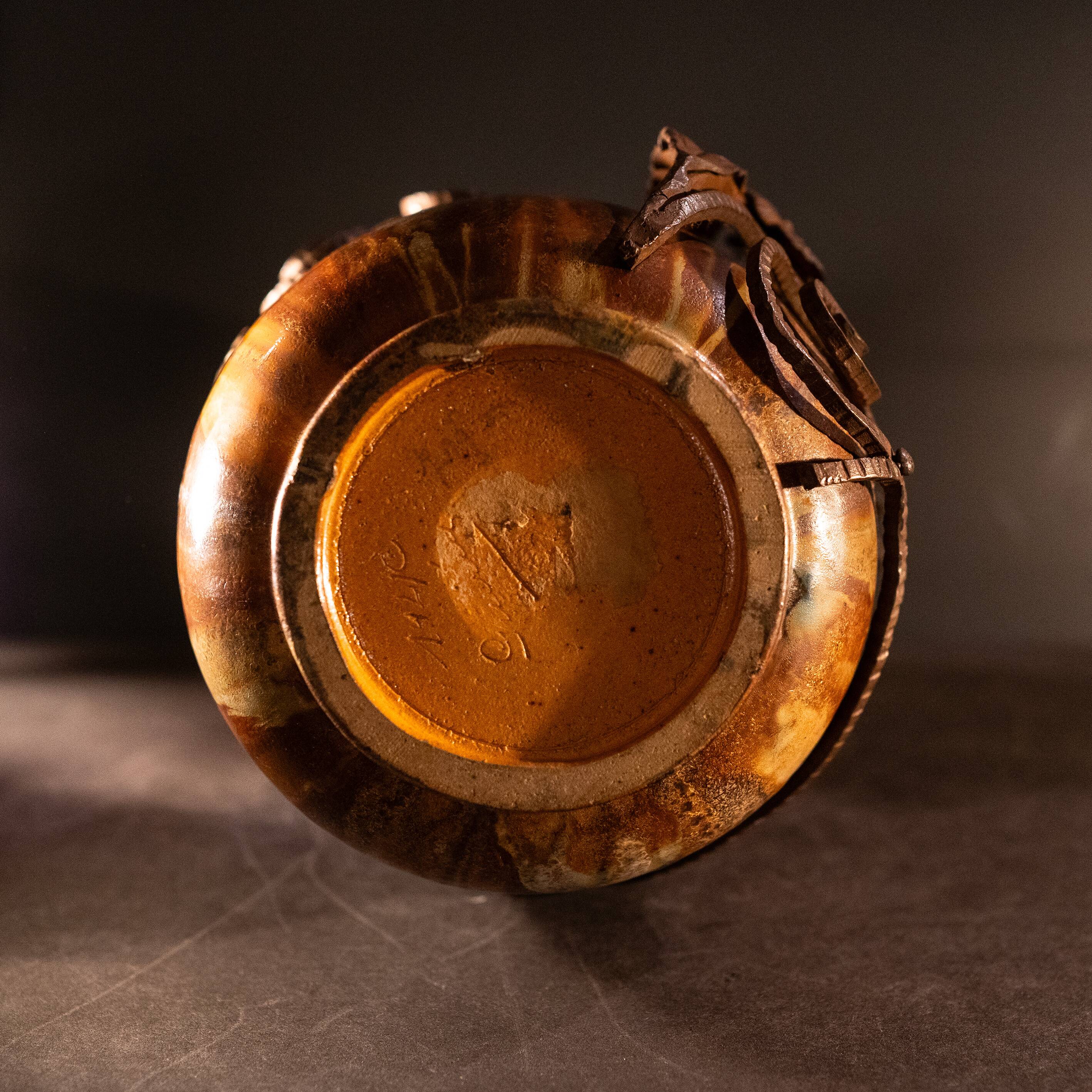 vase obus en grès, monture fer forgé, roger guerin & francois carion ...