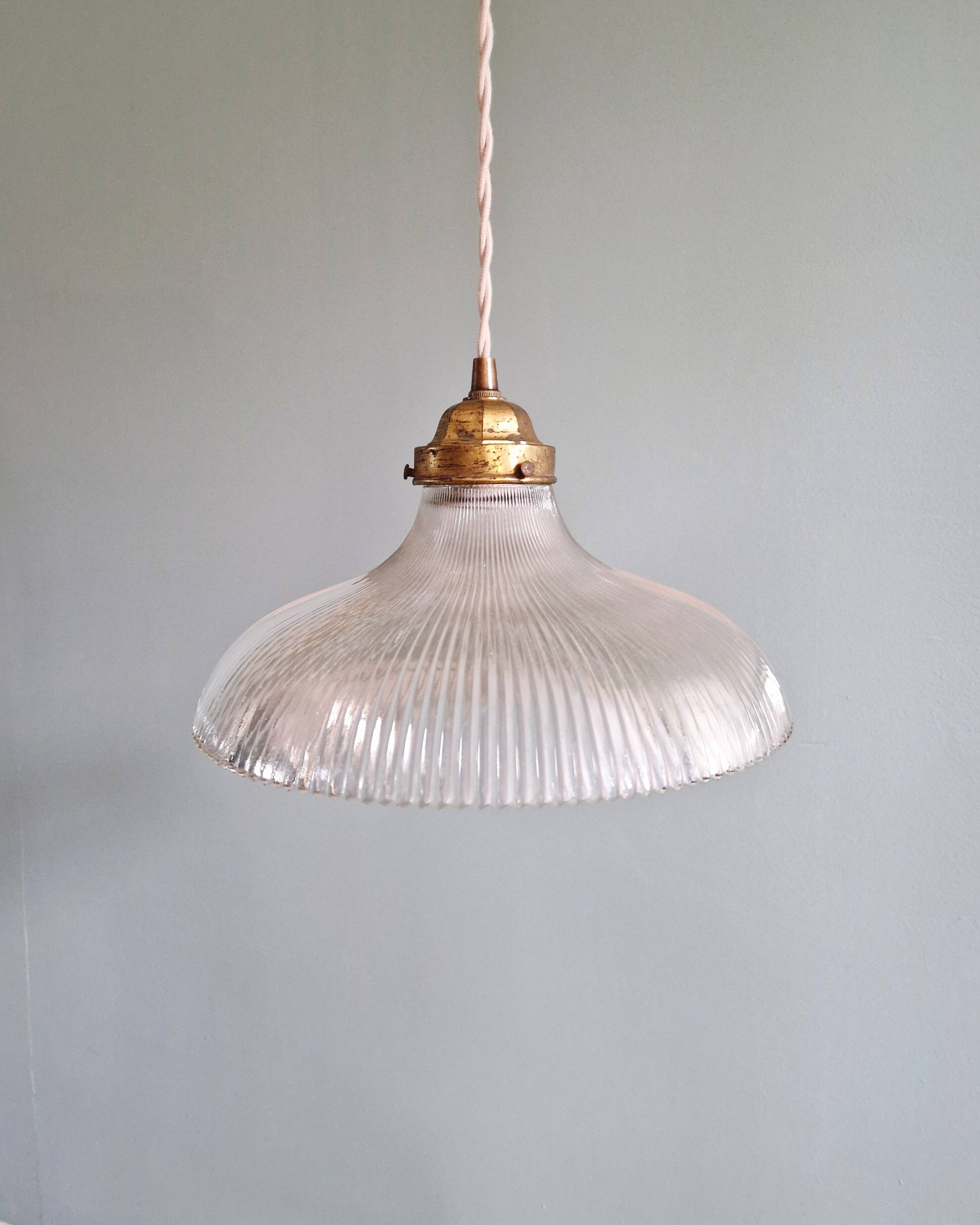 Suspension Holophane en verre rainuré transparent, années 1930 | Selency