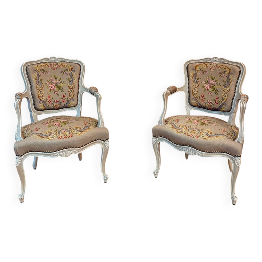 2 fauteuils style Louis XV décor fleuri | Selency