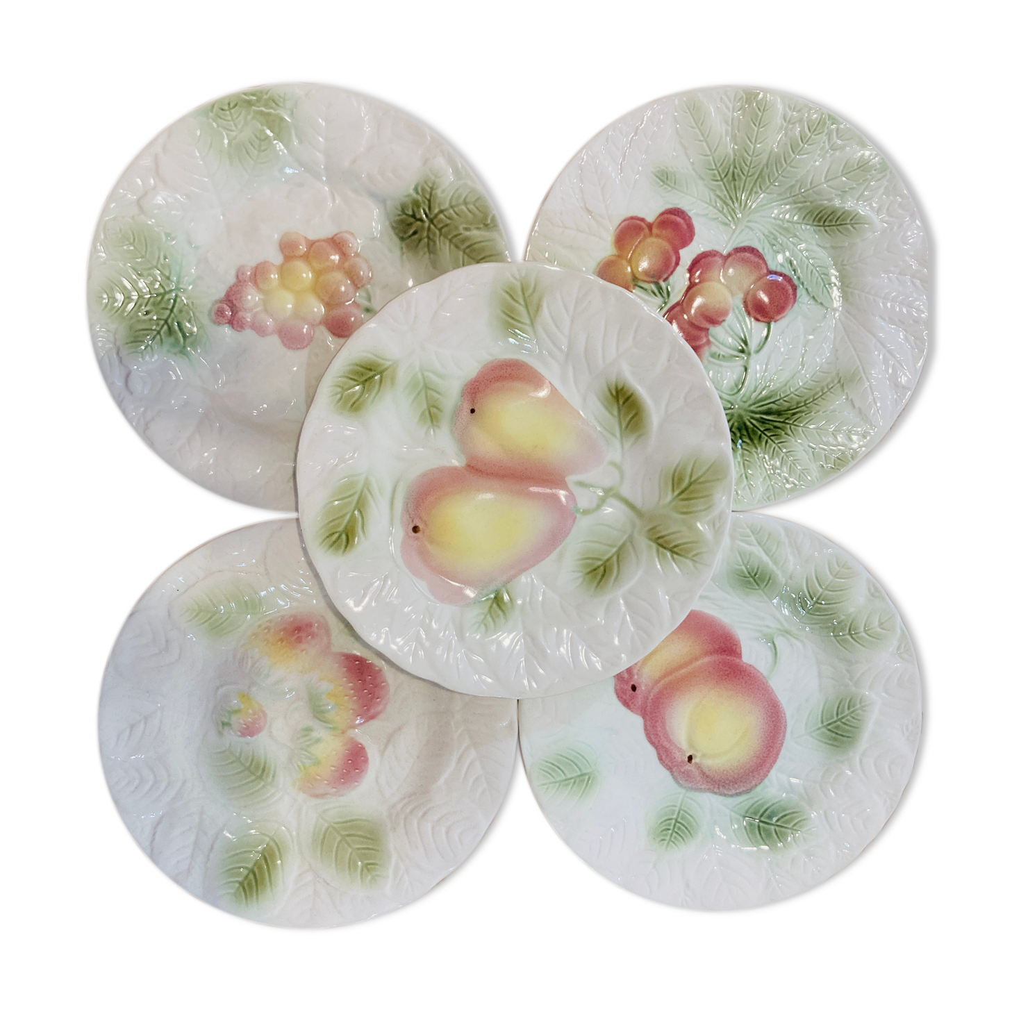 5 petites assiettes barbotines Salins Les Bains, motif fruit | Selency