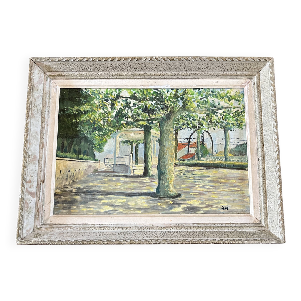 Tableau ancien place ombragée, signé Casa | Selency