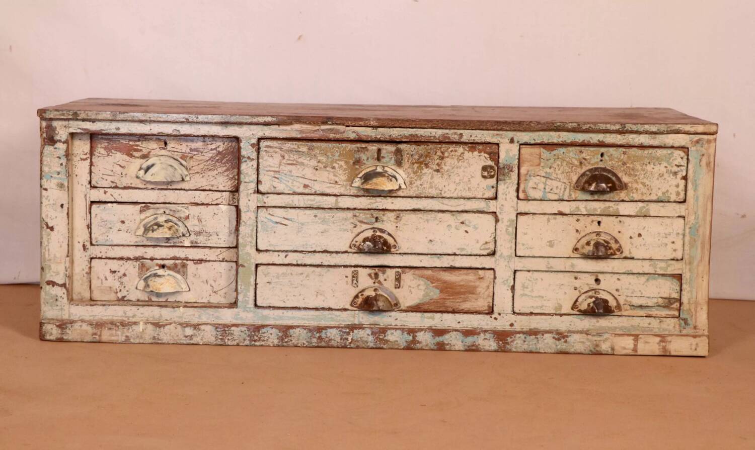 Antique 9-drawer workshop cabinet in Burmese teak with original ecru ...