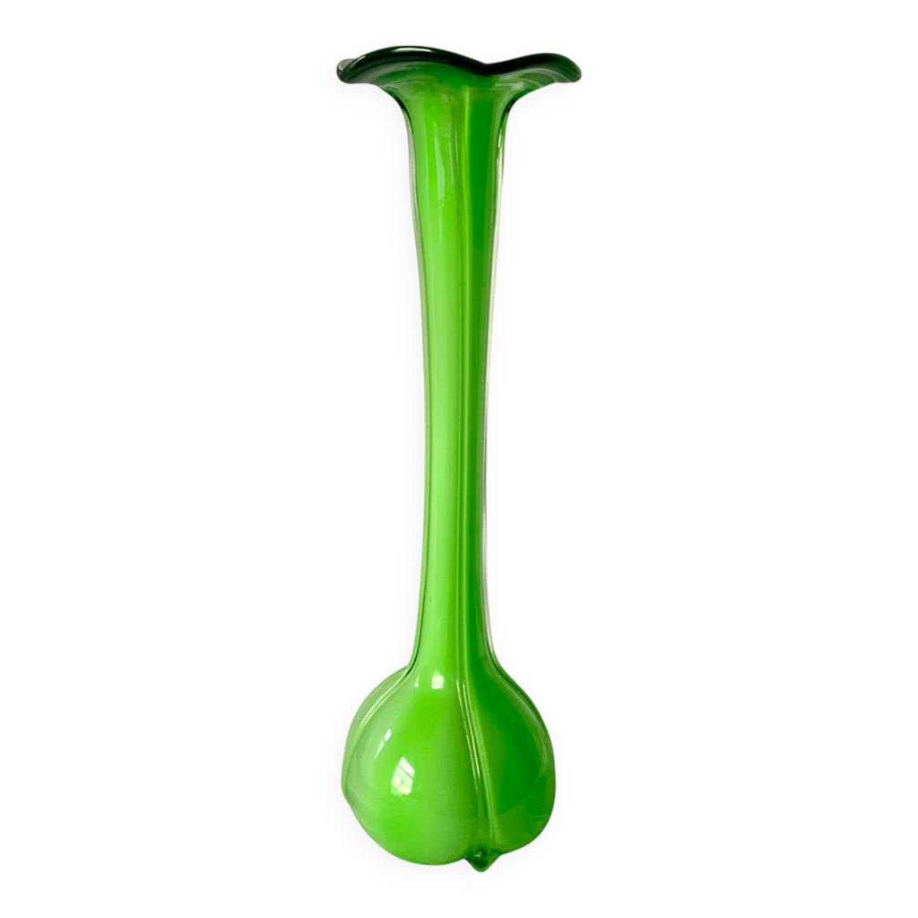 Vase soliflore vintage en verre soufflé vert - 43 cm | Selency