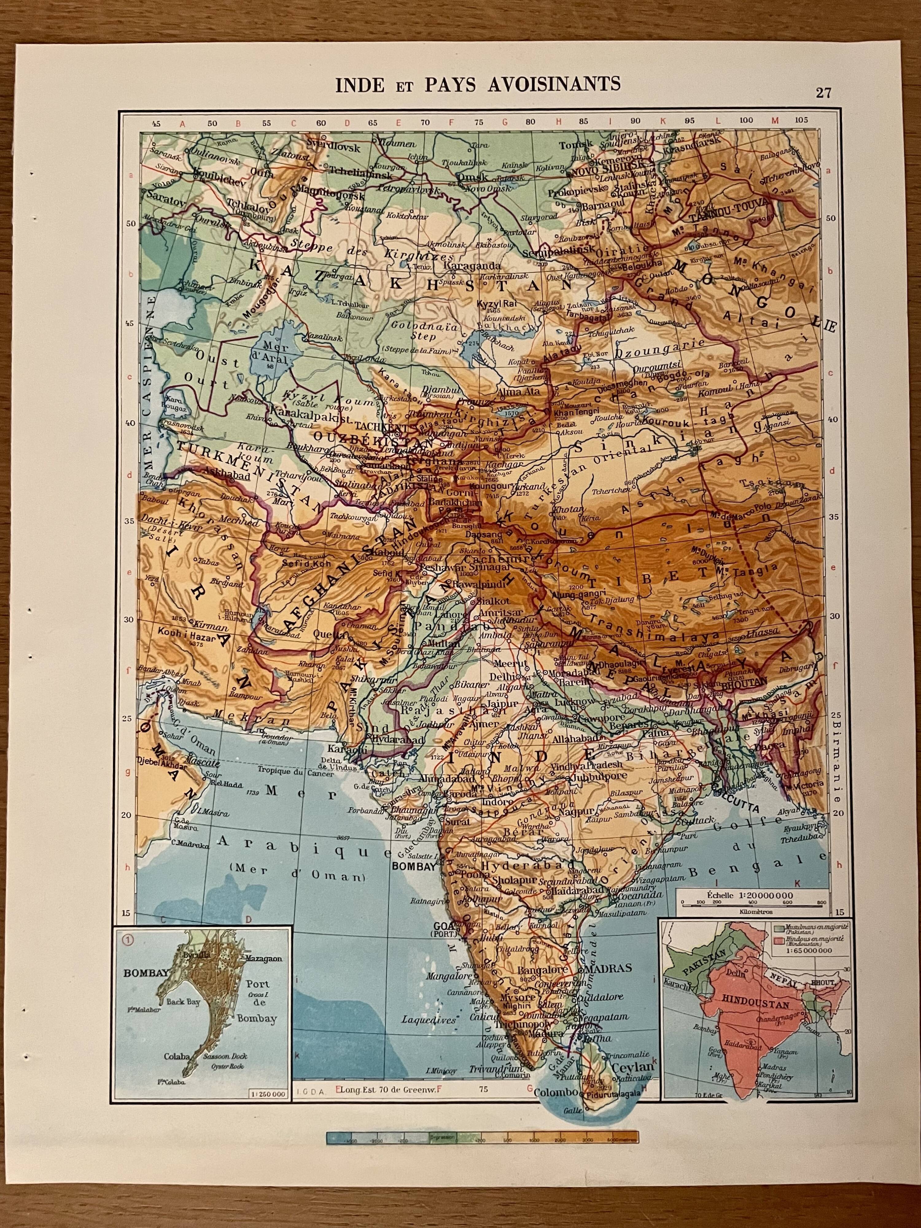 Old map of India, Nepal, Afghanistan and Himalayas from 1945 | Selency