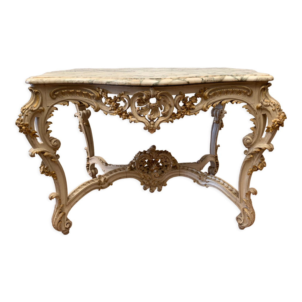 Table sculptée de style Rocaille en bois peint et doré XIX siècle | Selency