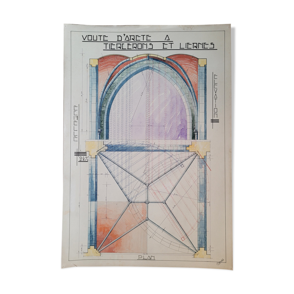 Dessin architecte 1930 voute d'arête tiercerons et liernes | Selency