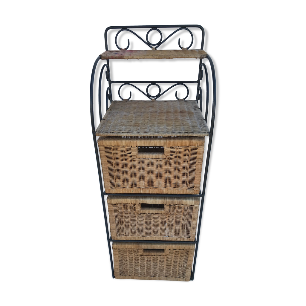 Meuble rangement rotin 3 tiroirs Naturel et fer forgé | Selency
