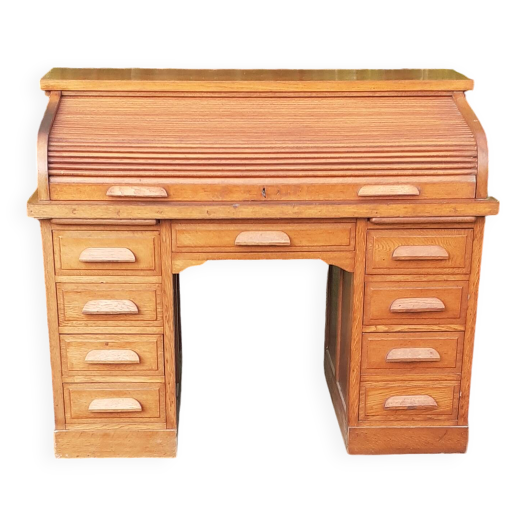 Bureau américain à rideaux 8 tiroirs 2 tablettes chêne Année 50 vintage ...