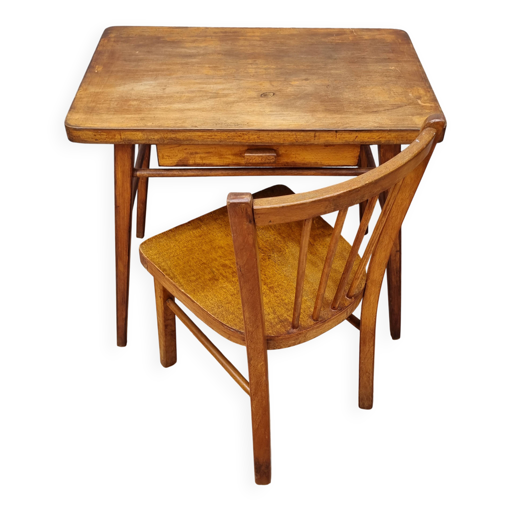 Ensemble bureau et chaise d’écolier en bois Baumann, années 50-60 | Selency