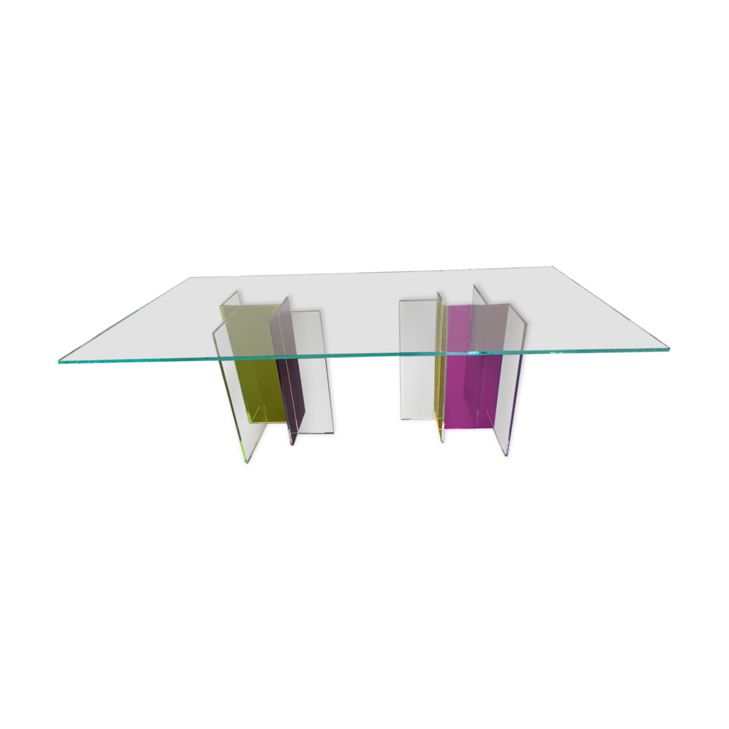 Table sam verre Roche Bobois diapo 220 violet jaune | Selency