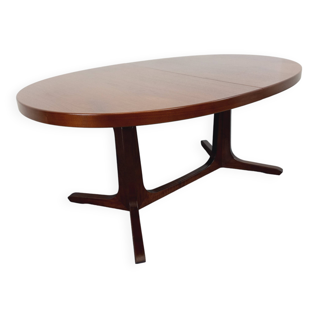 Table à manger ovale Baumann vintage des années 60 70 en bois de noyer avec rallonges | Selency