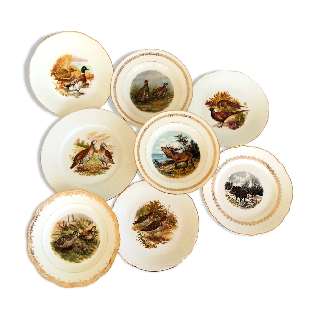 8 mix & match hunting plates. mismatched game plates. wild boar, deer ...