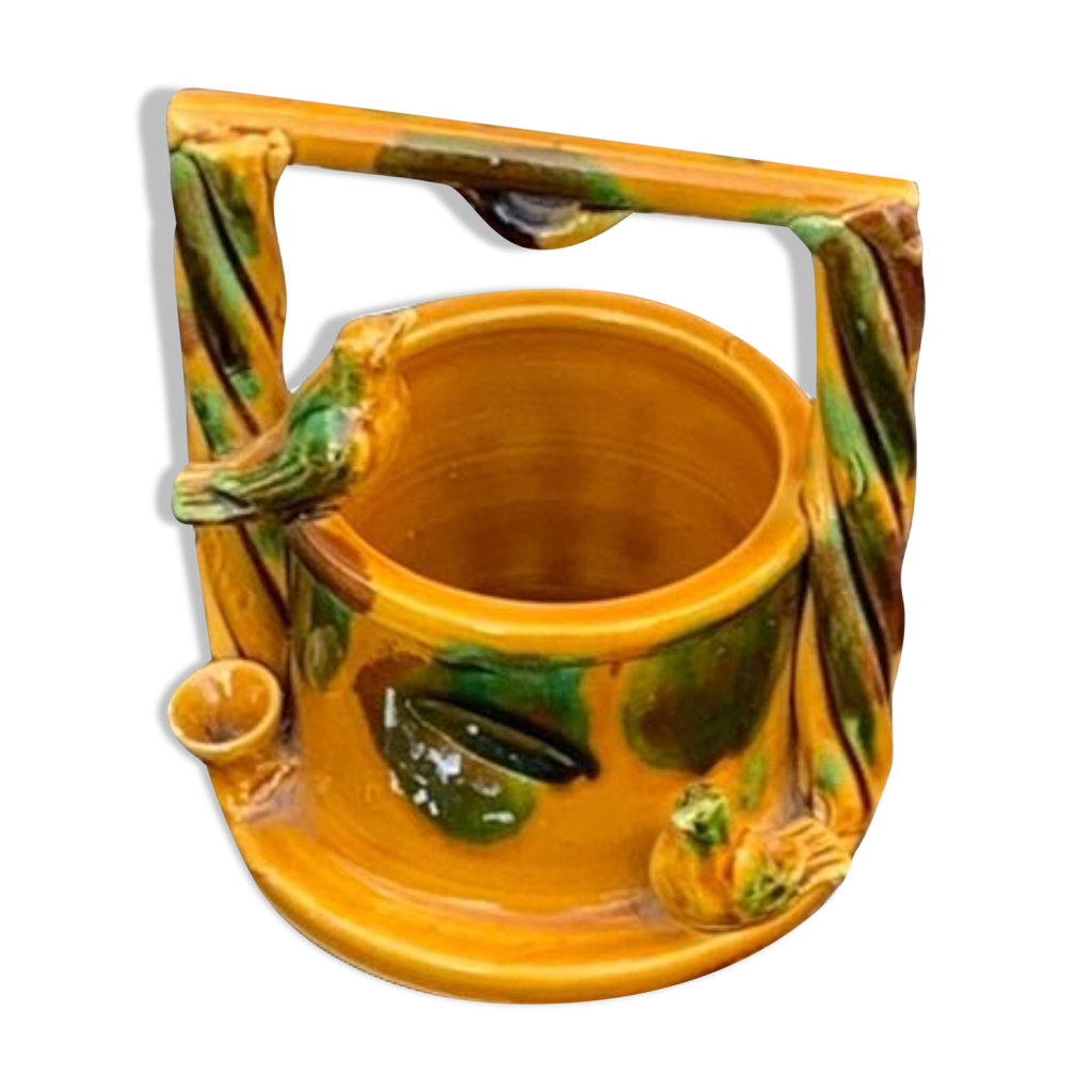 Cache pot barbotine puit aux oiseaux en céramique émaillée ocre ancien ...