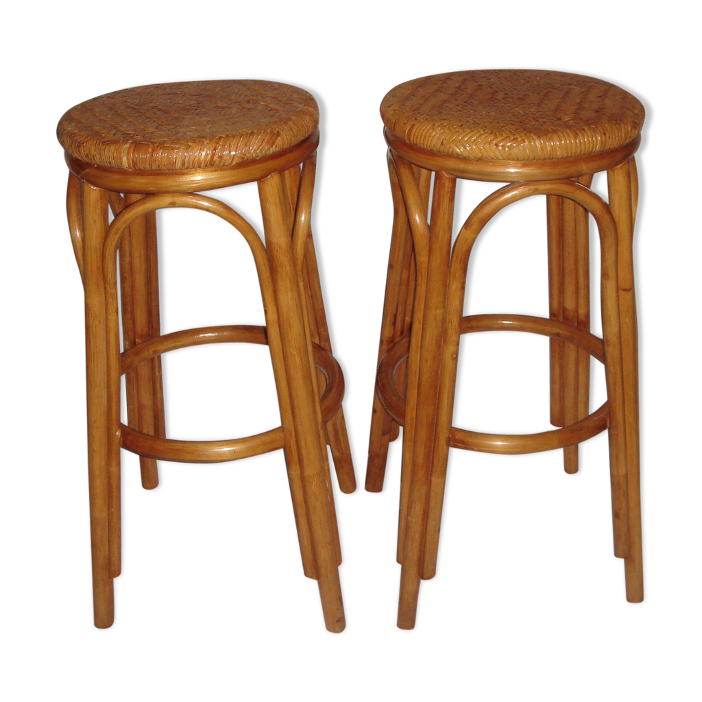 2 tabourets de bar en rotin & bois de 1970 | Selency
