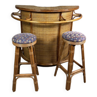 Bar et ses 2 tabourets en rotin, 1950 | Selency