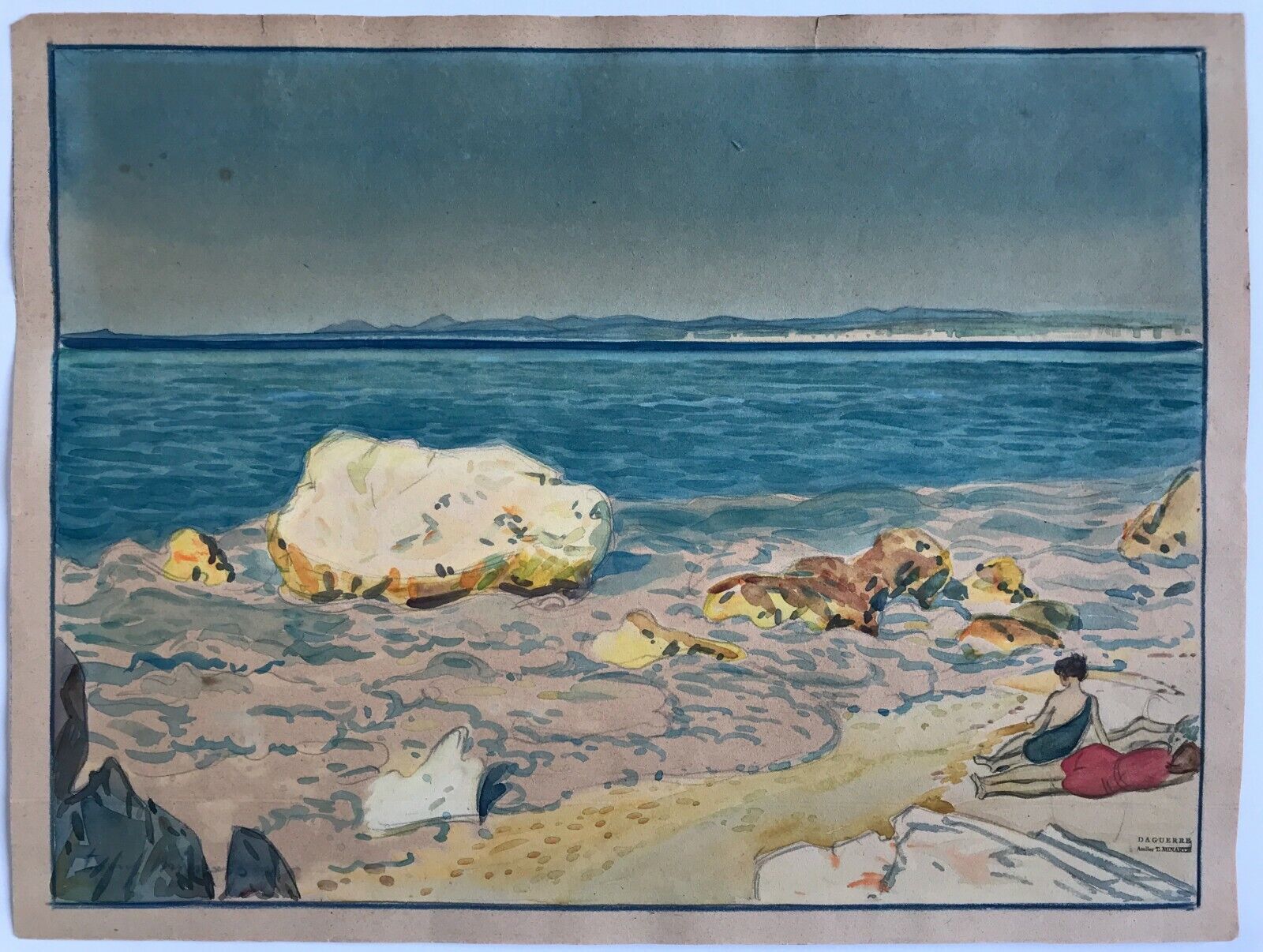 Aquarelle originale de Tony Minartz, baigneuses sur une plage rocheuse de la Méditerranée | Selency