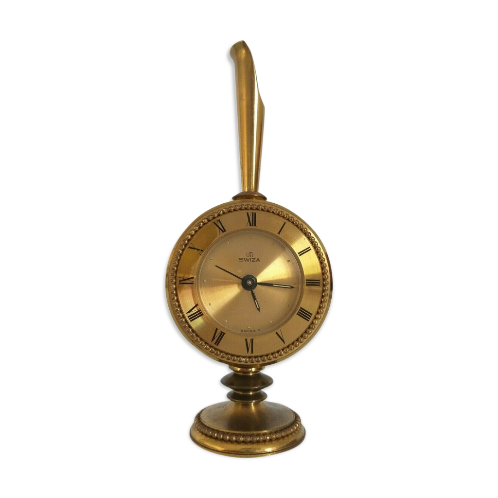 Pendule porte crayon uti swiza 1960 reveil dore chiffres romains swiss ...