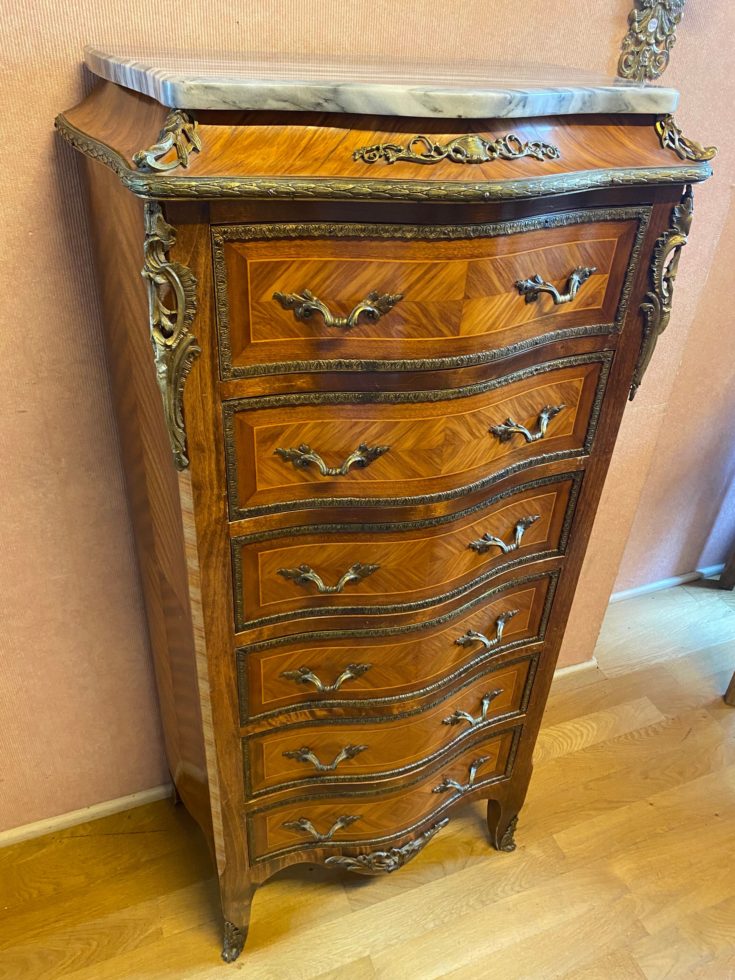 Semainier en bois de rose, 6 tiroirs, garniture de bronze | Selency