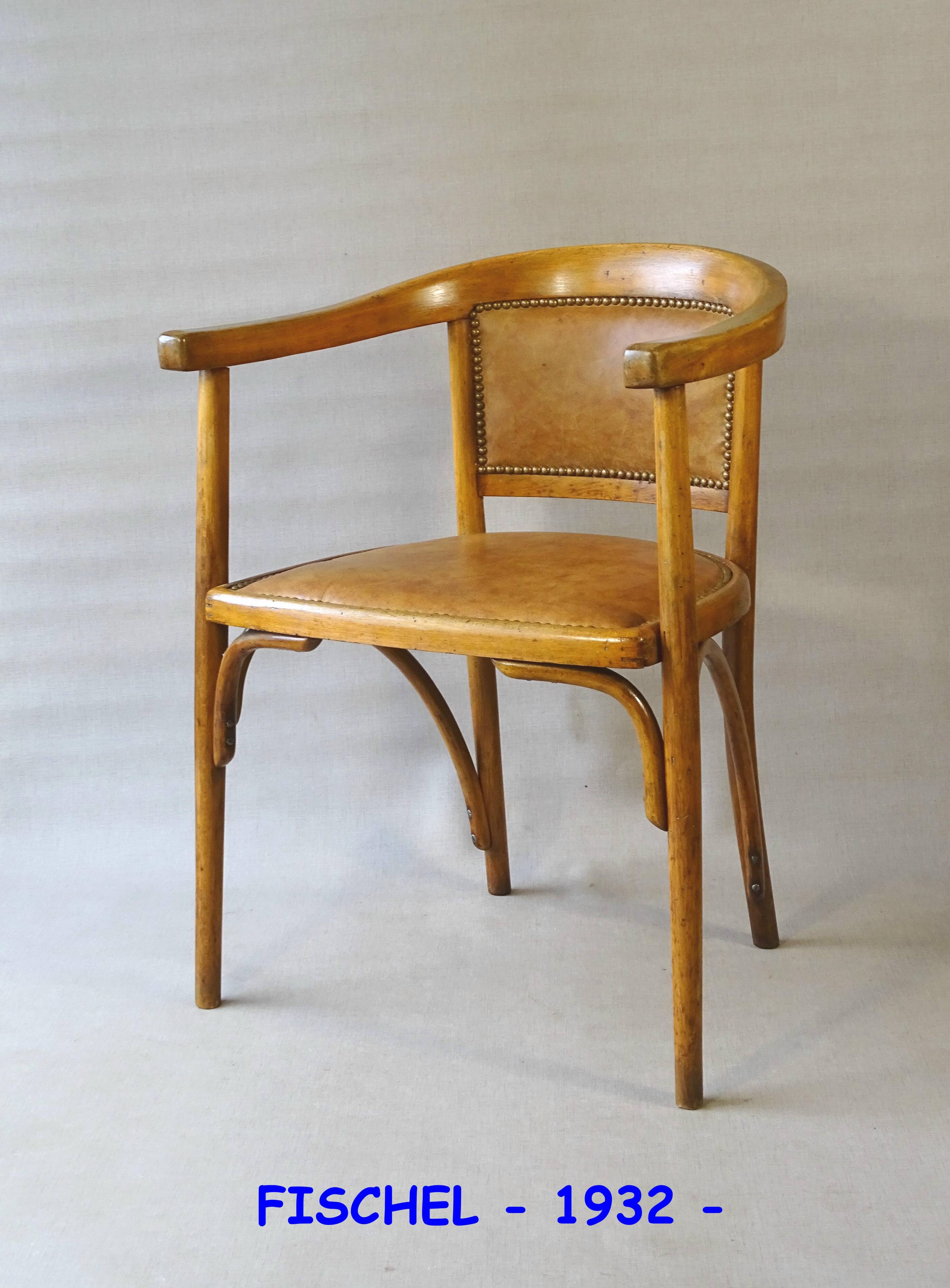Fauteuil bois-courbé Art-déco FischeL n° E/60 de 1930, assise cuir ...