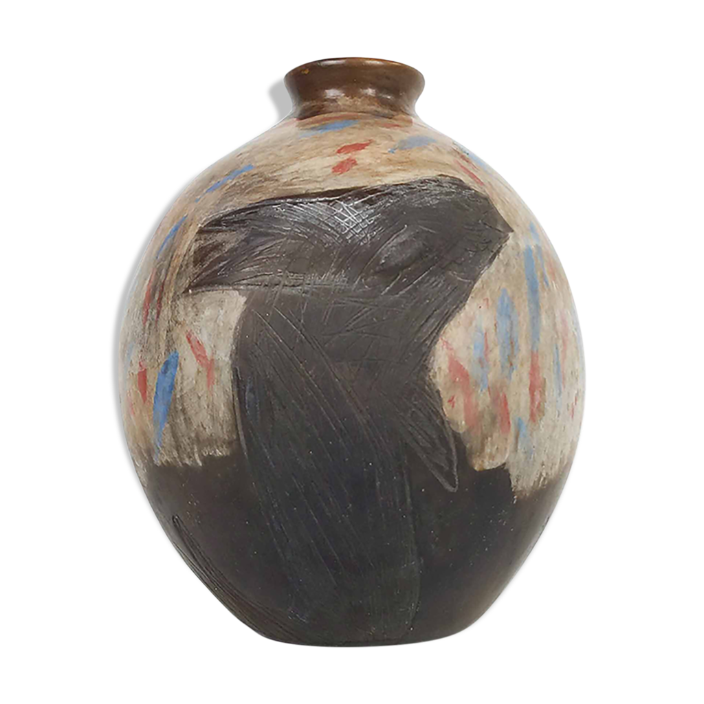 Vase ovoïde en terre cuite péruvienne de style Mochica, signe vicente ...