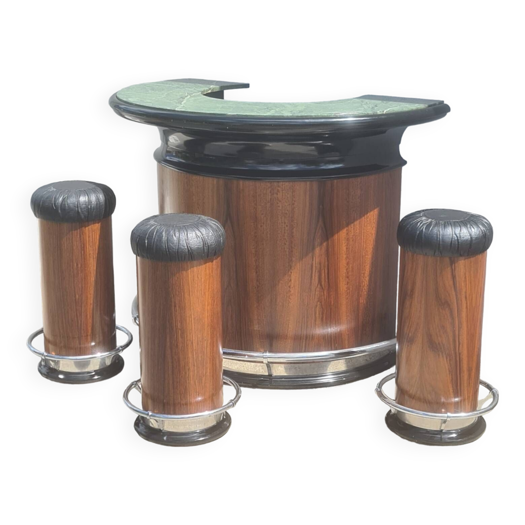 Art Deco Half Moon Bar Rosewood Marble circa 1950 and its 3 stools ...
