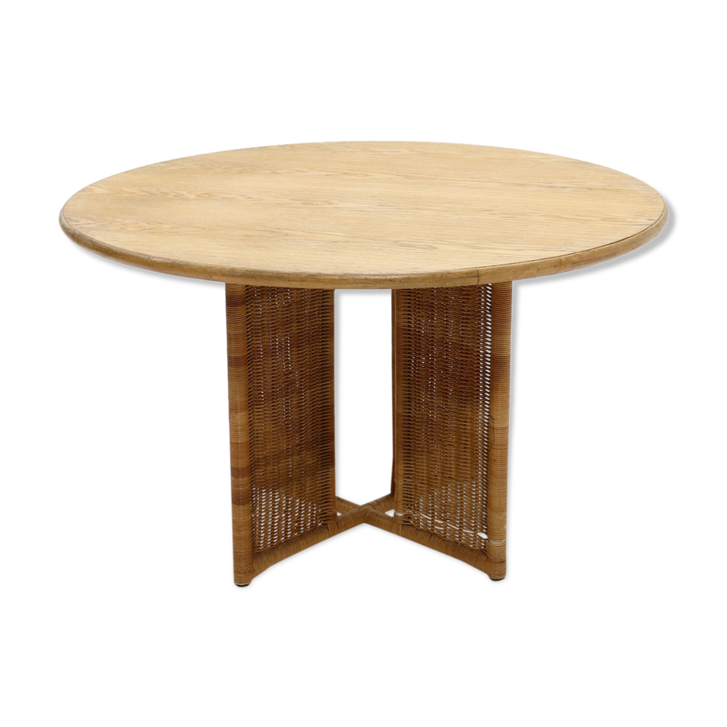 Rattan and Oak Dining Table by Luit van der Helm, Netherlands 1980s | Selency