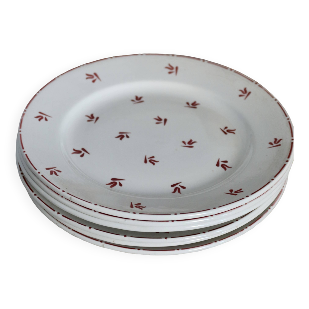 6 assiettes plates anciennes faïence Belge Nimy motif rouge | Selency