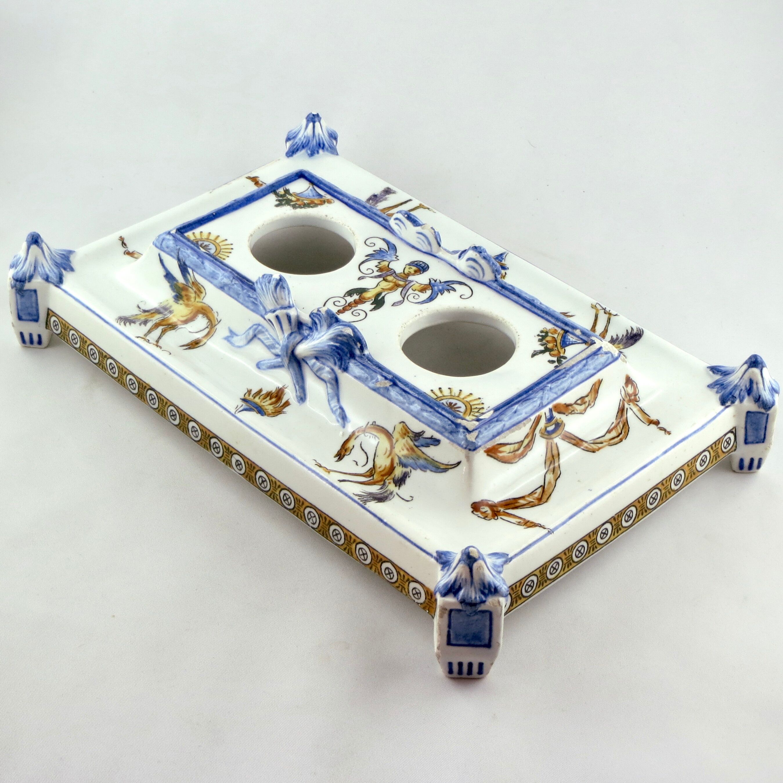 Encrier ancien faïence de gien, mod. renaissance french ceramic inkwell ...